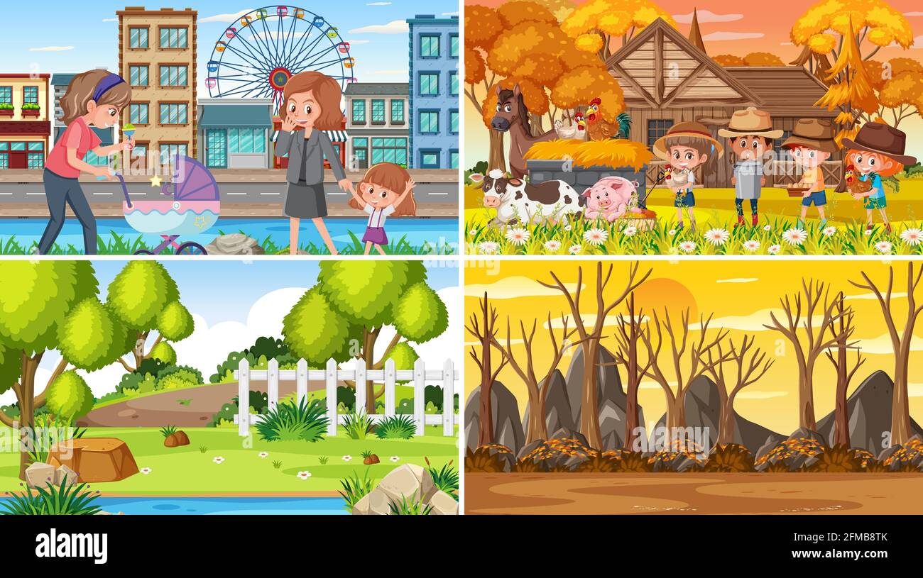 Set of different nature scenes cartoon style illustration Stock Vector ...