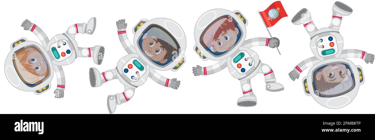 Set of different little astronauts cartoon character illustration Stock ...