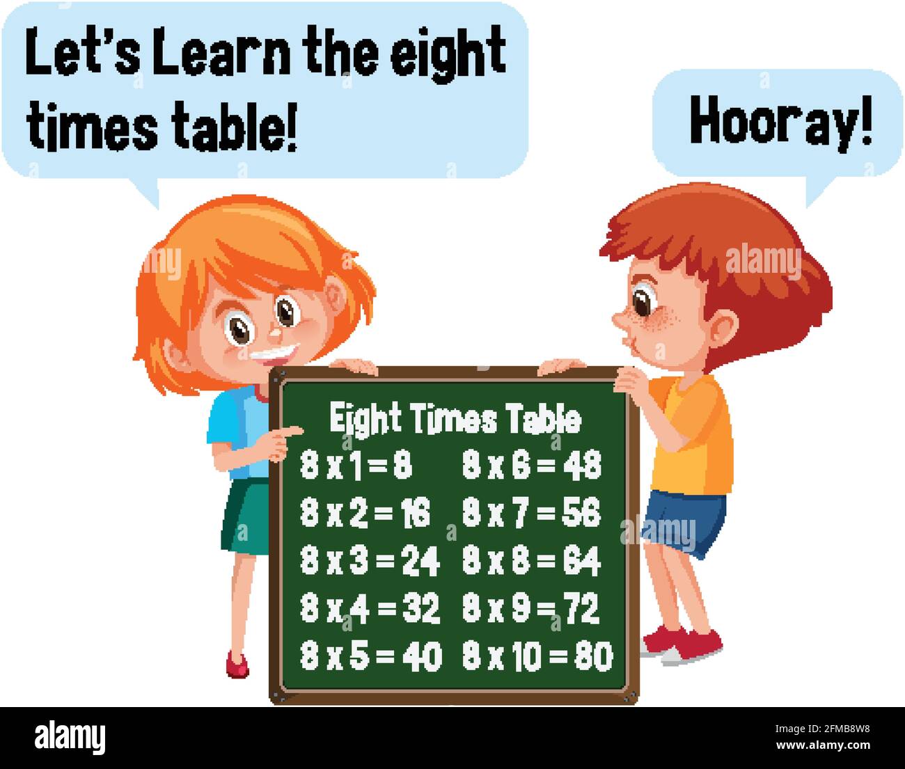 Cartoon character of two kids holding eigth times table banner ...