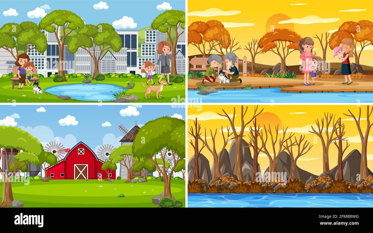 Four different scenes with children cartoon character illustration ...