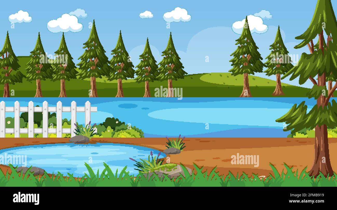 Empty nature park landscape scene with river illustration Stock Vector ...