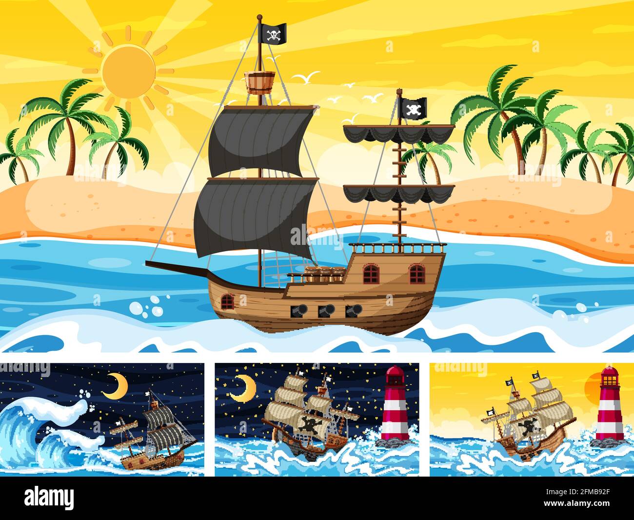 Set of Ocean with Pirate ship at different times scenes in cartoon ...