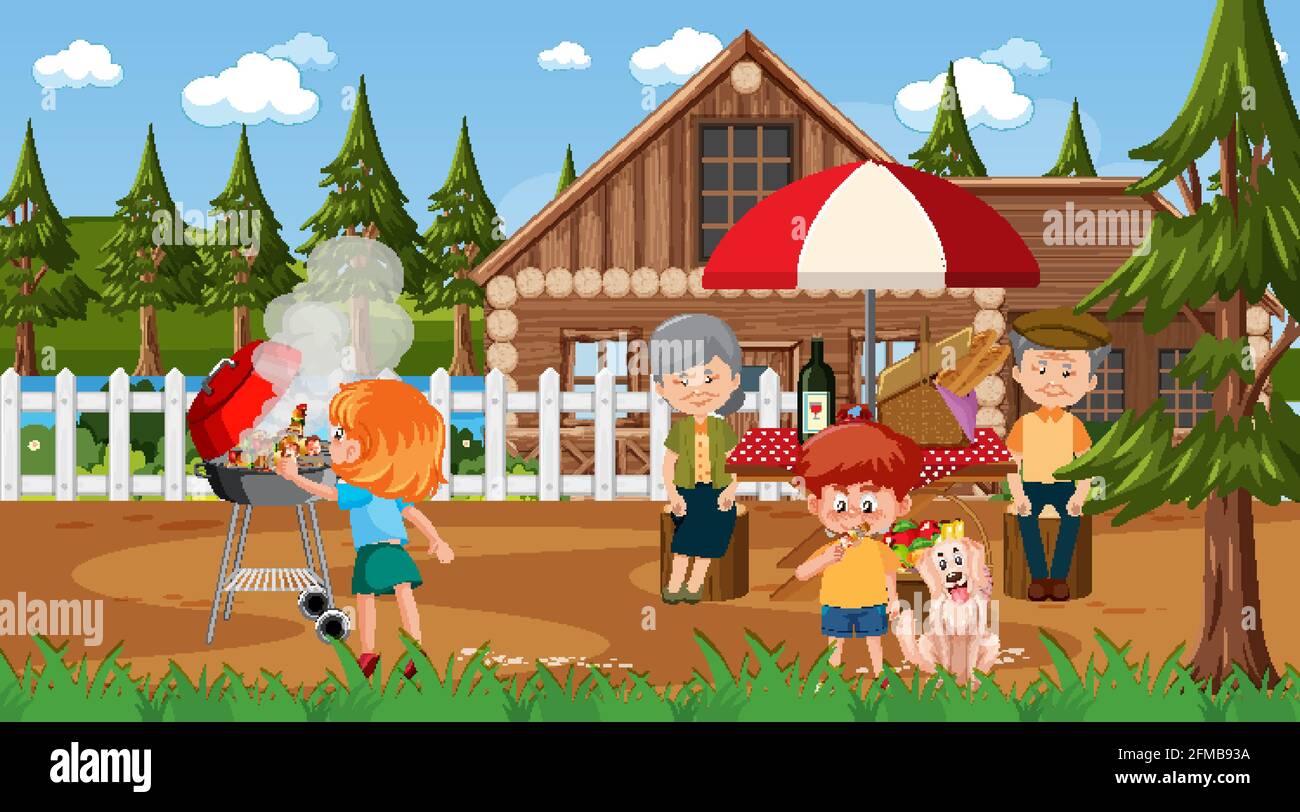 Nature outdoor scene with happy family having a picnic illustration ...