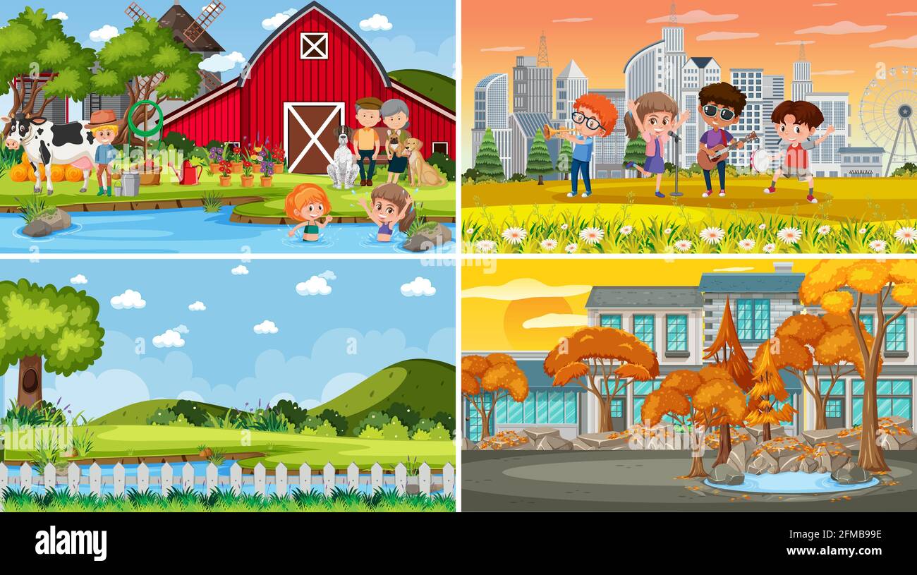 Set of different nature scenes cartoon style illustration Stock Vector ...
