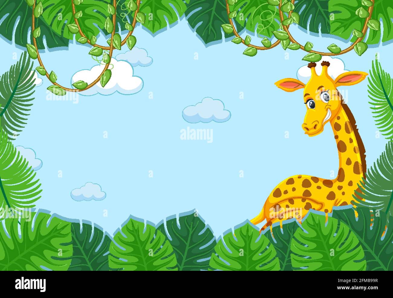 Giraffe cartoon character with tropical leaves frame illustration Stock ...