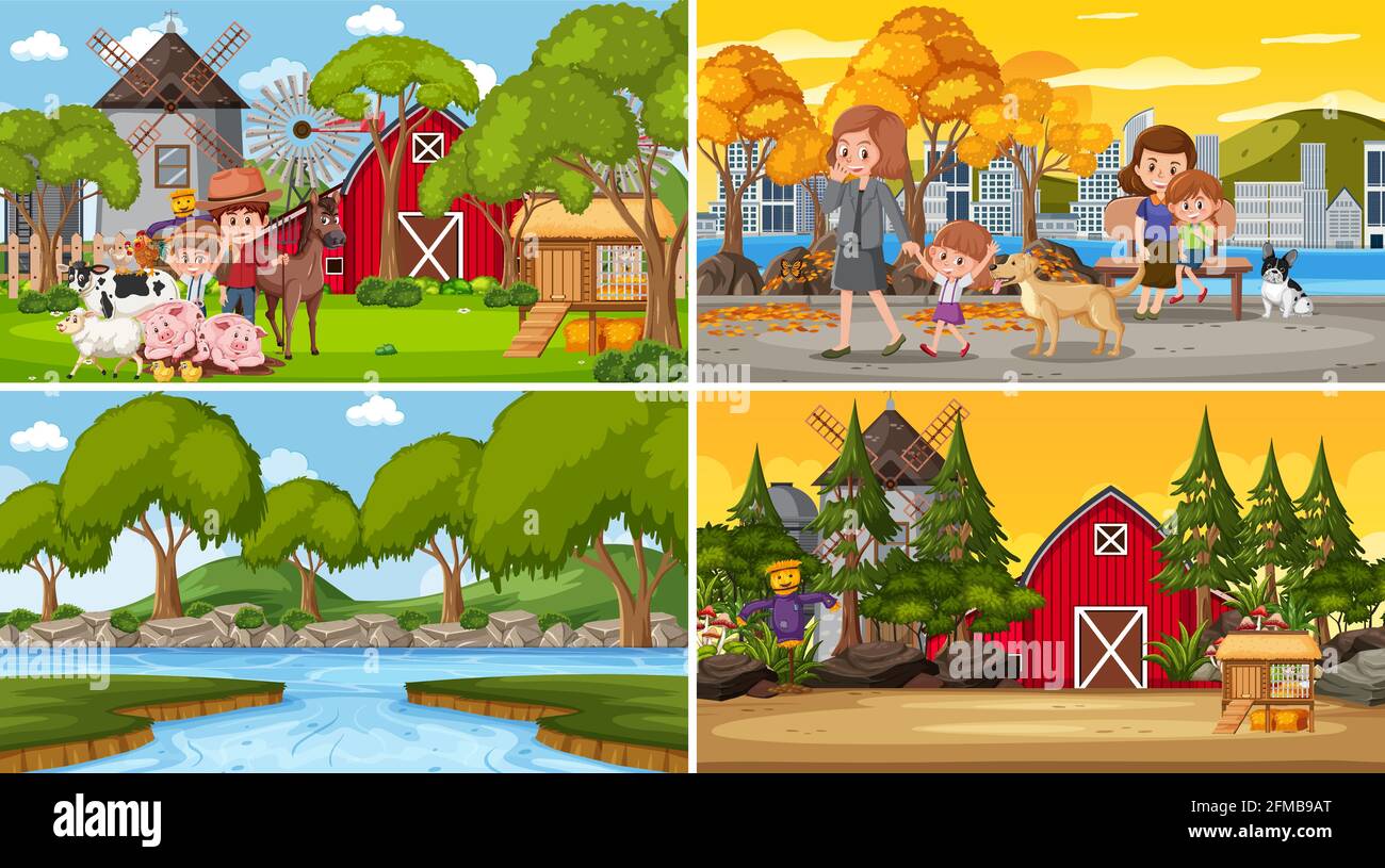 Set of different nature scenes cartoon style illustration Stock Vector ...