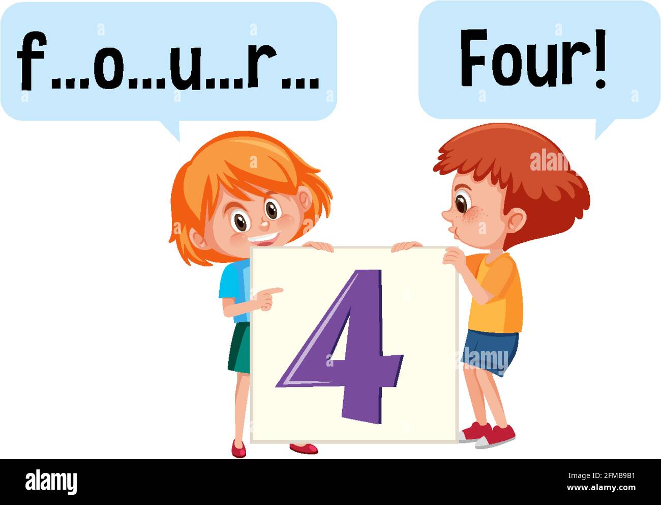 Cartoon character of two kids spelling the number four illustration ...