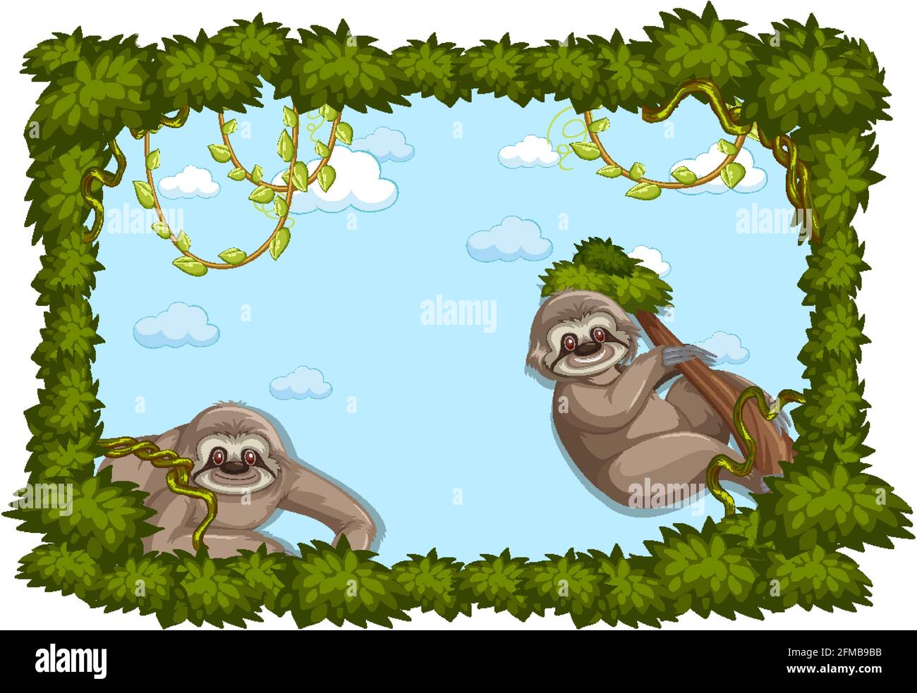 Empty banner with leaves frame and sloth cartoon character illustration ...