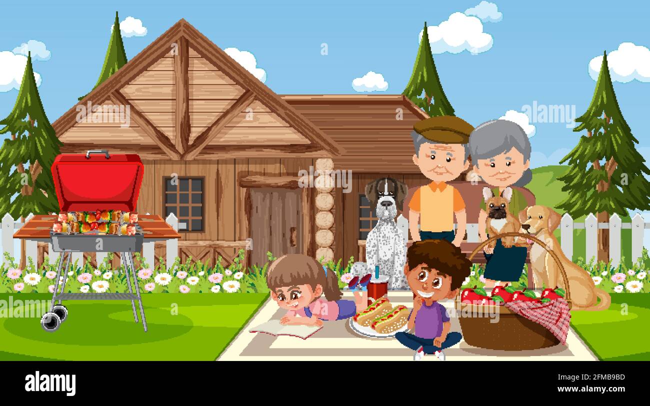 Nature outdoor scene with happy family having a picnic illustration ...