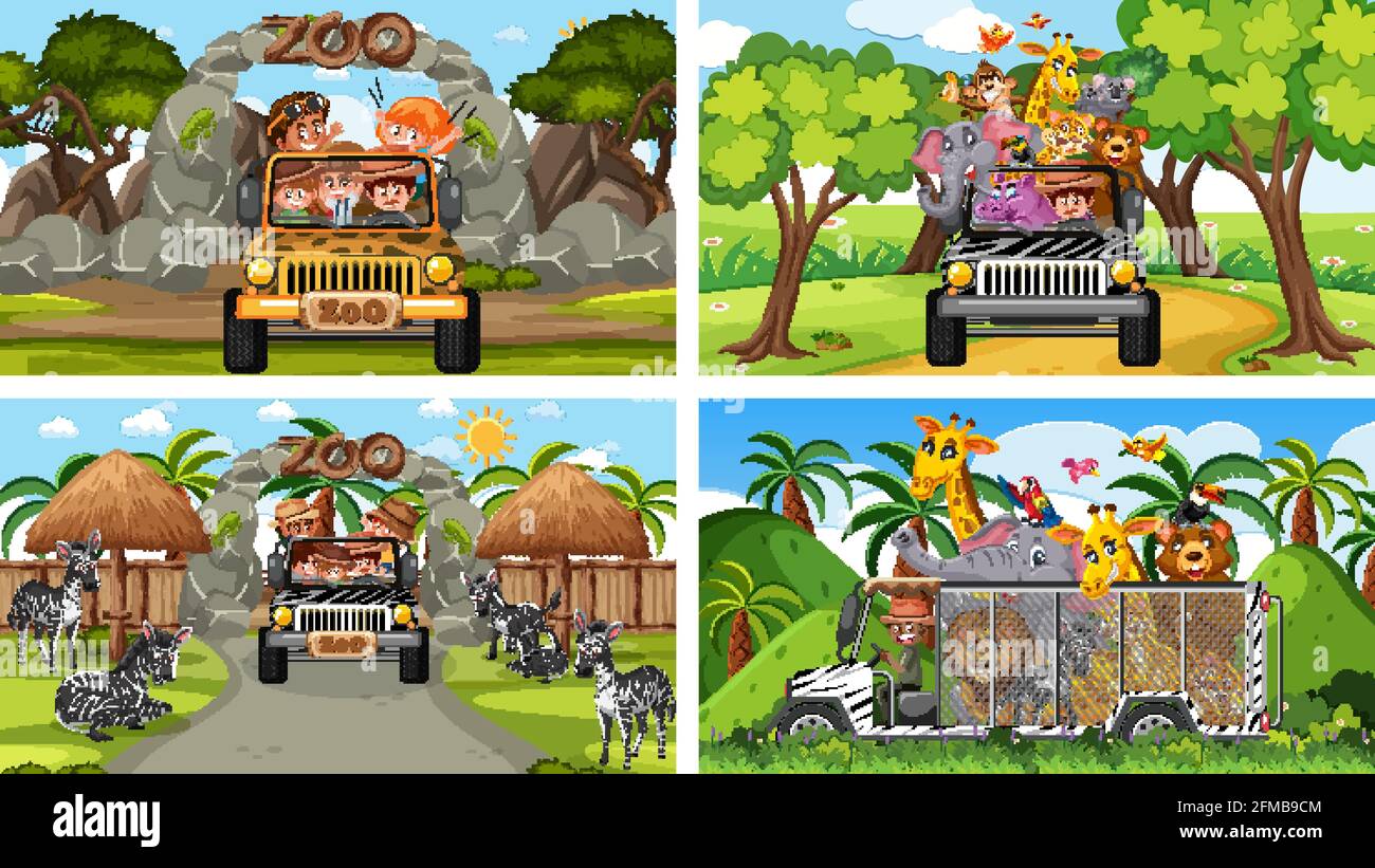 Four different zoo scenes with kids and animals illustration Stock ...