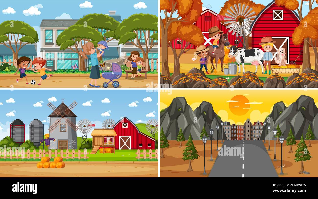 Set of different nature scenes cartoon style illustration Stock Vector ...