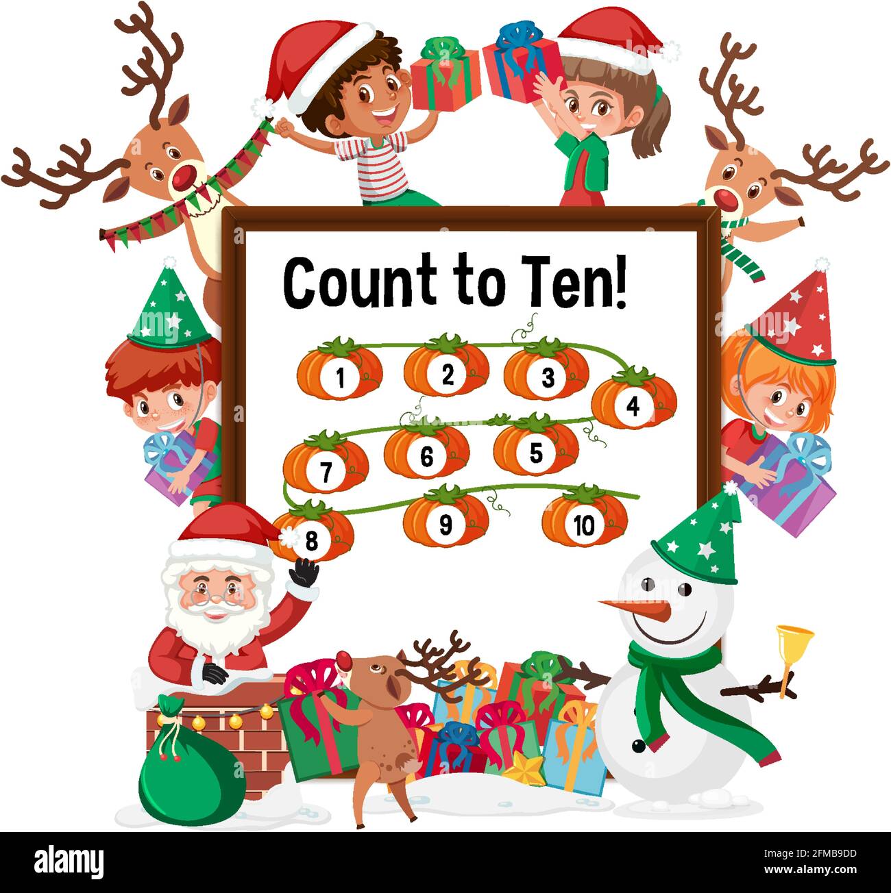 Count to ten number board with many kids in christmas theme ...