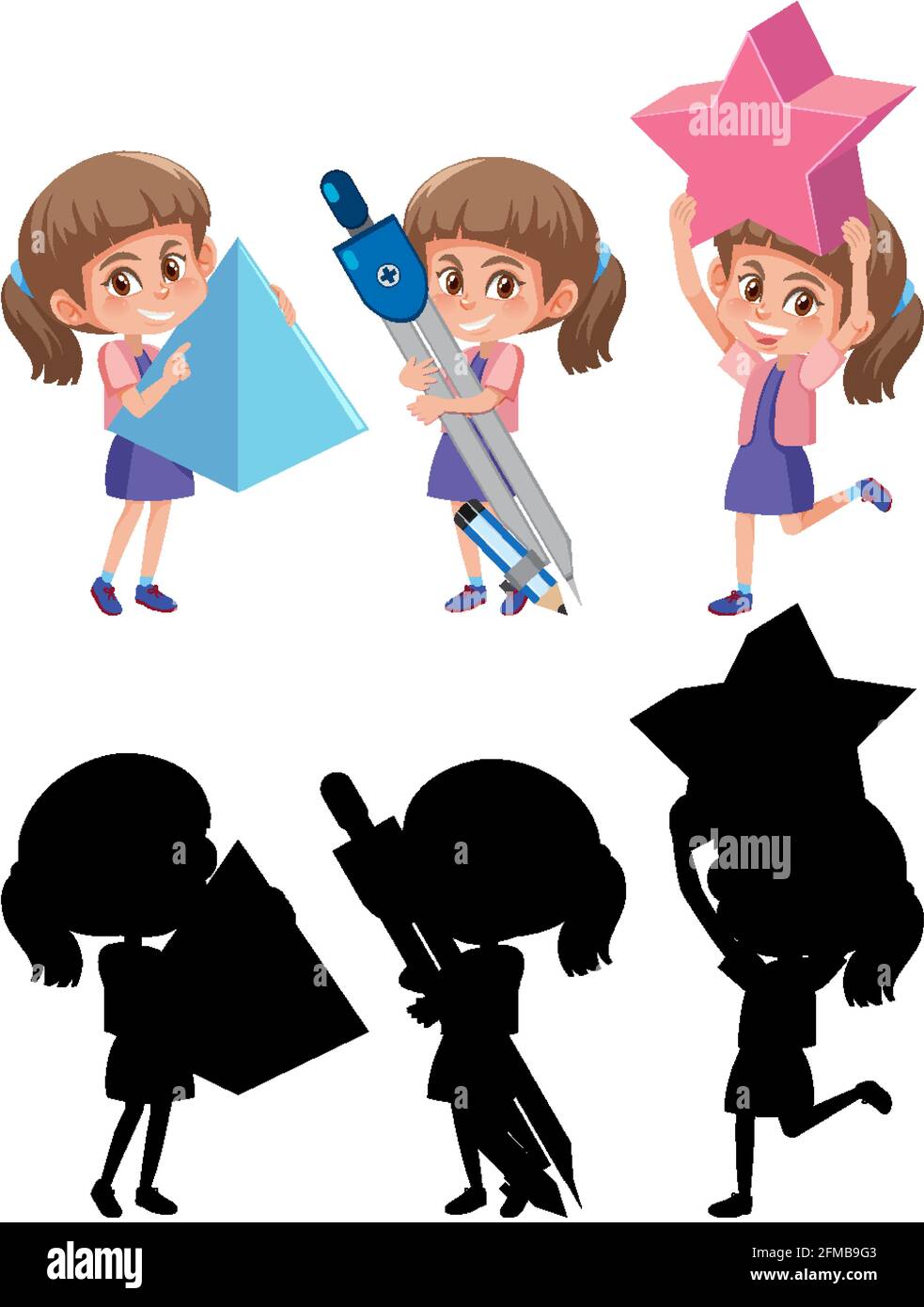 Set of a girl holding different math tools with silhouette illustration ...