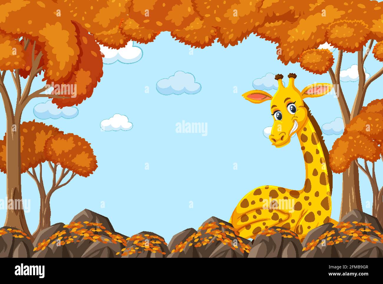 Giraffe cartoon character in blank autumn forest scene illustration ...