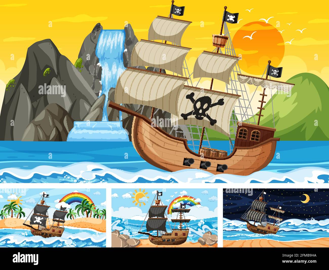 Set of Ocean with Pirate ship at different times scenes in cartoon ...