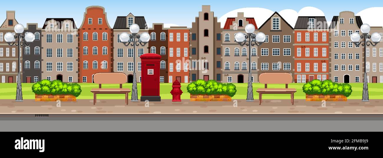 Street horizontal scene at day time with many buildings background ...