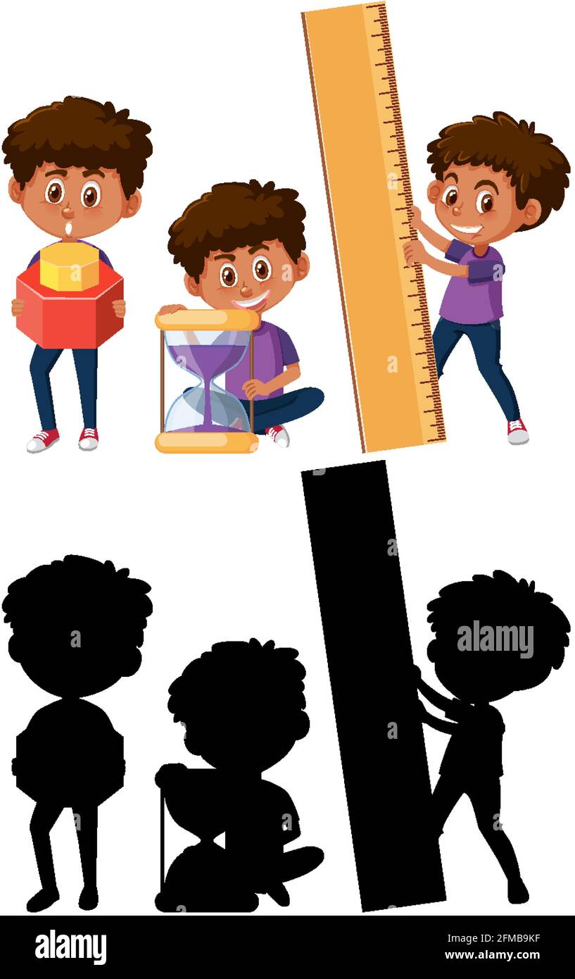 Set of a boy holding different math tools with silhouette illustration ...