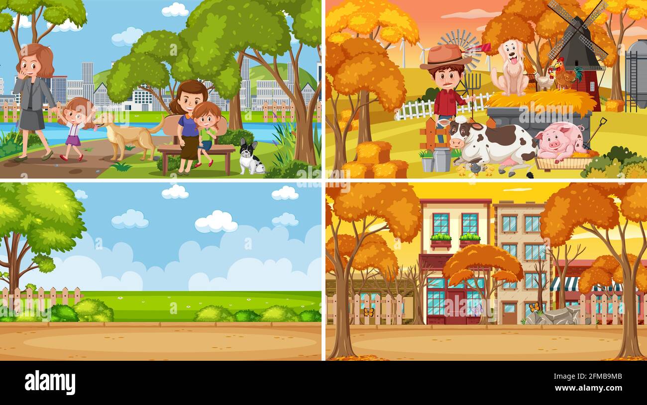 Set of different nature scenes cartoon style illustration Stock Vector ...