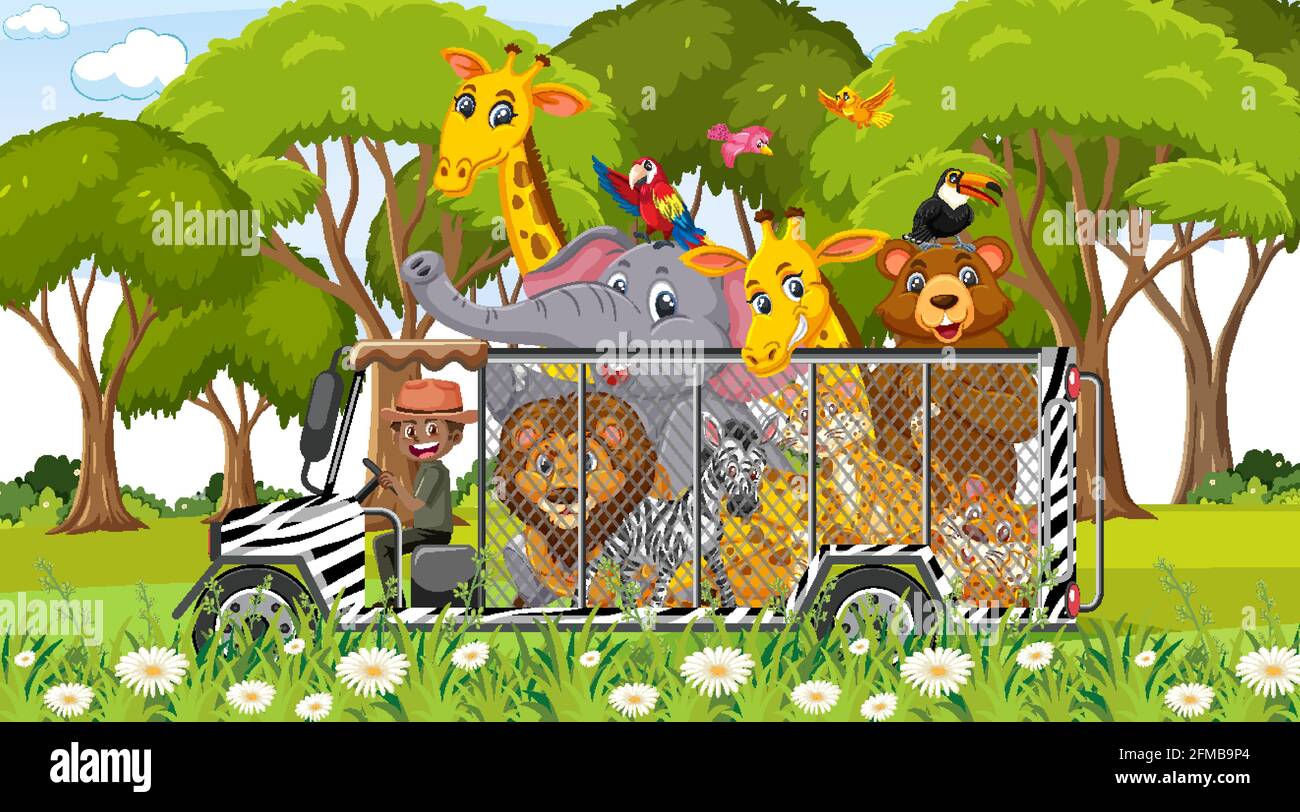 Zoo scene with happy animals in the cage car illustration Stock Vector ...