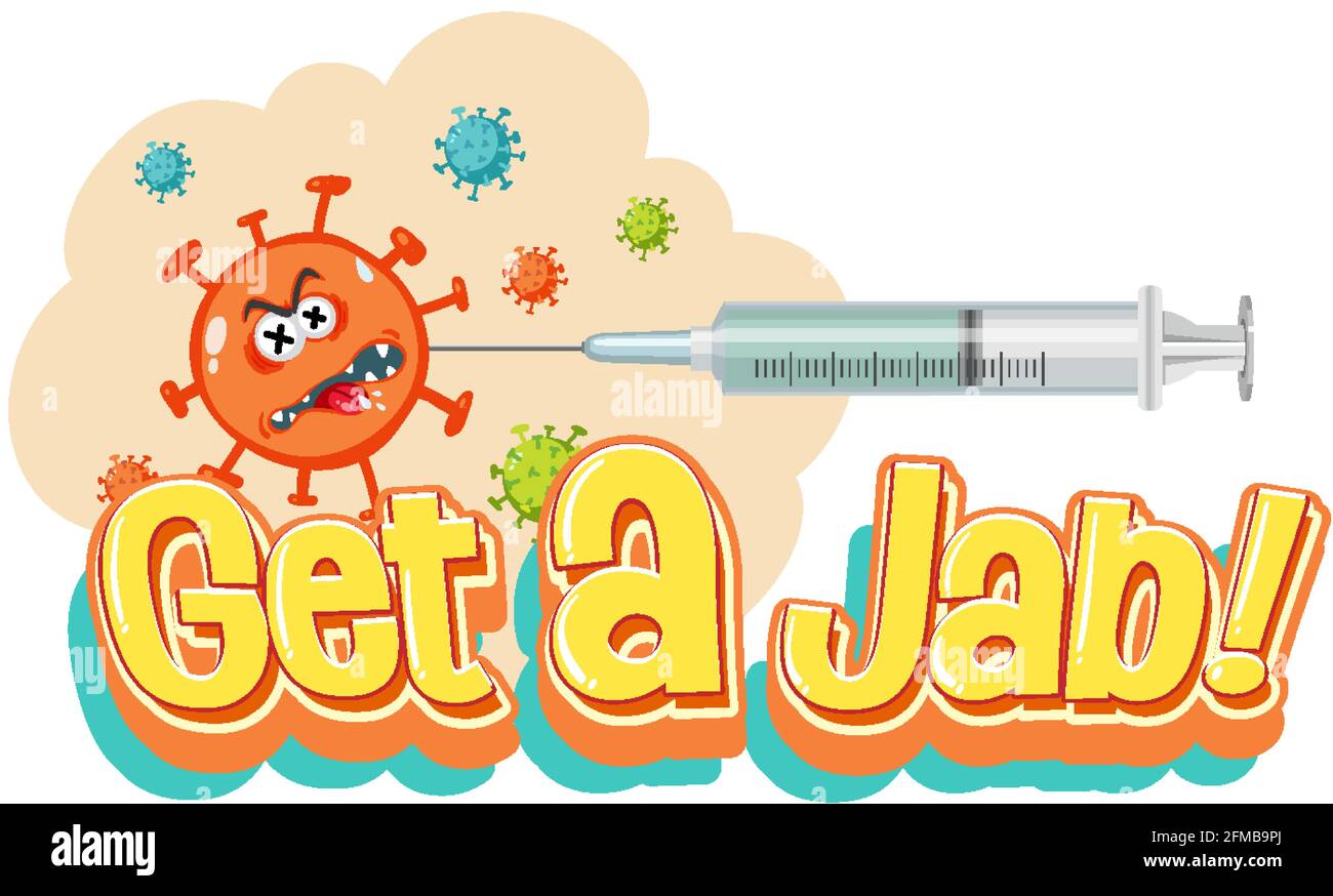 Get a Jab font with vaccine syringe and coronavirus cartoon character ...