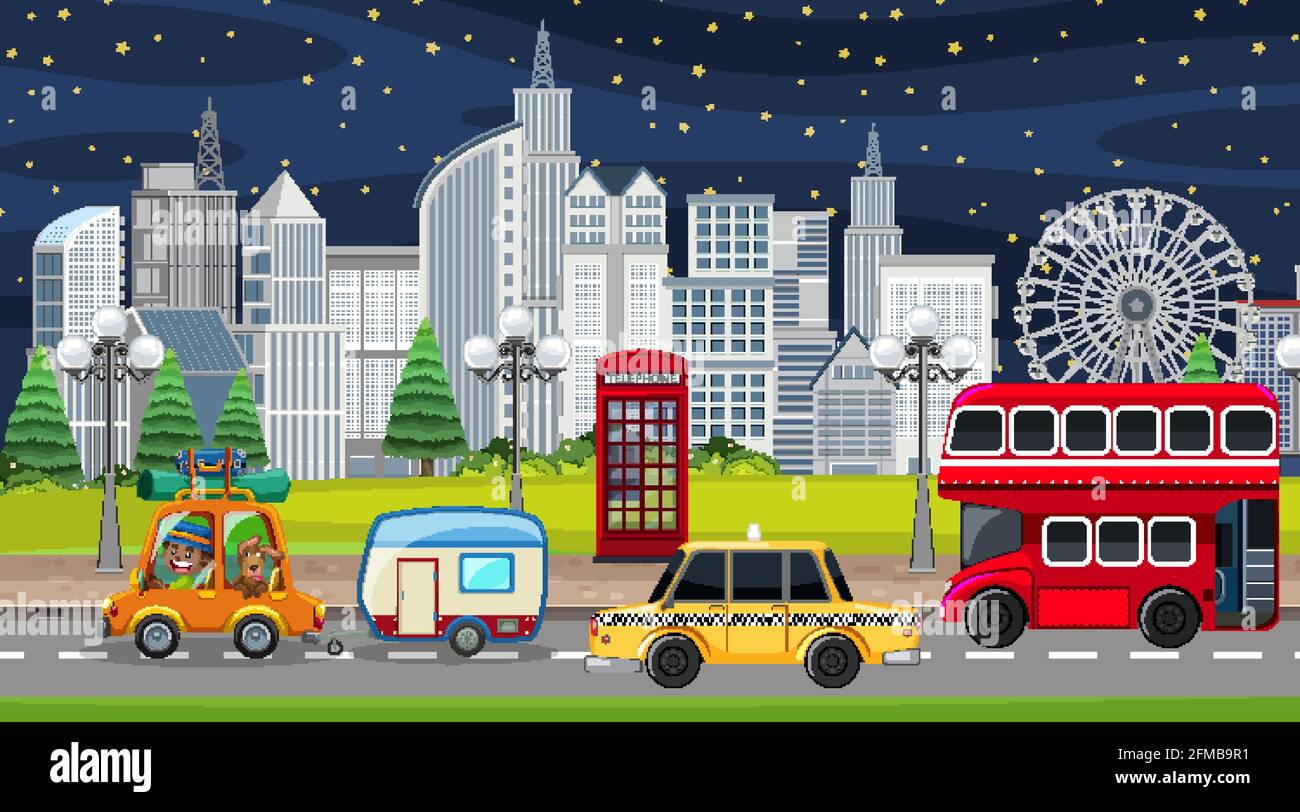 Town scene at night with many buildings along the road illustration ...