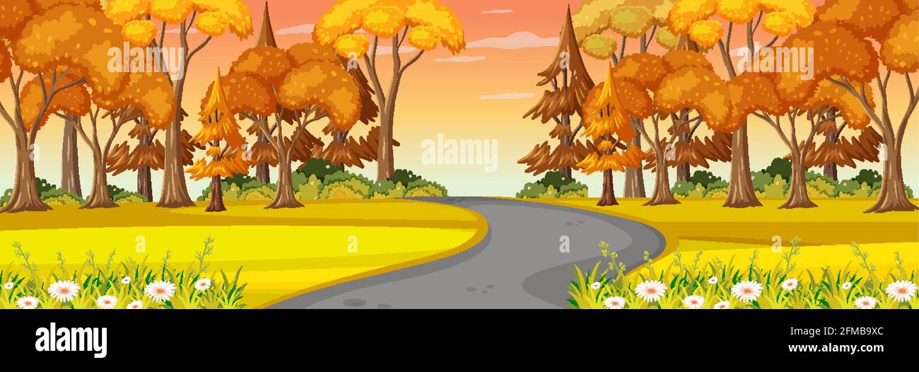 Road through the park horizontal landscape scene illustration Stock ...