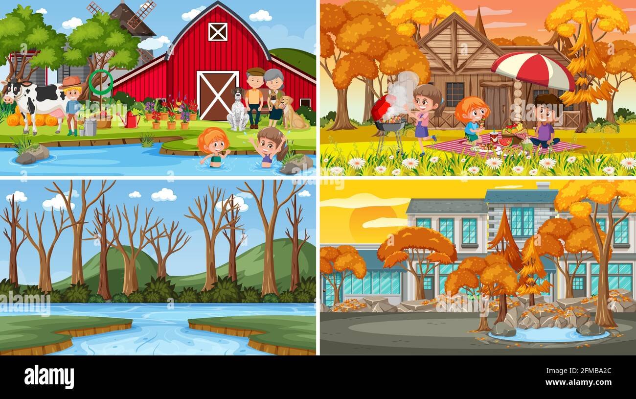 Set of different nature scenes cartoon style illustration Stock Vector ...