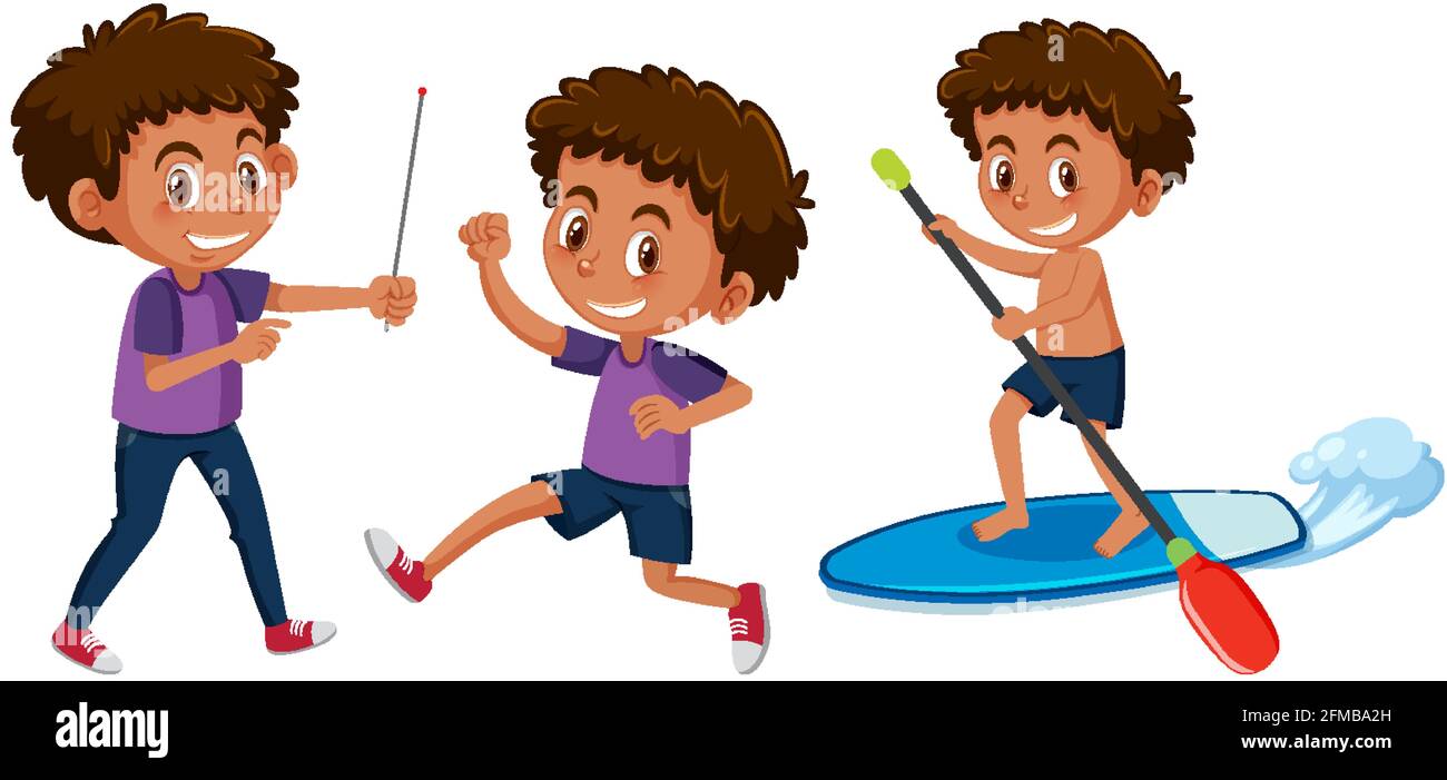 Set of a boy cartoon character doing different activities illustration ...