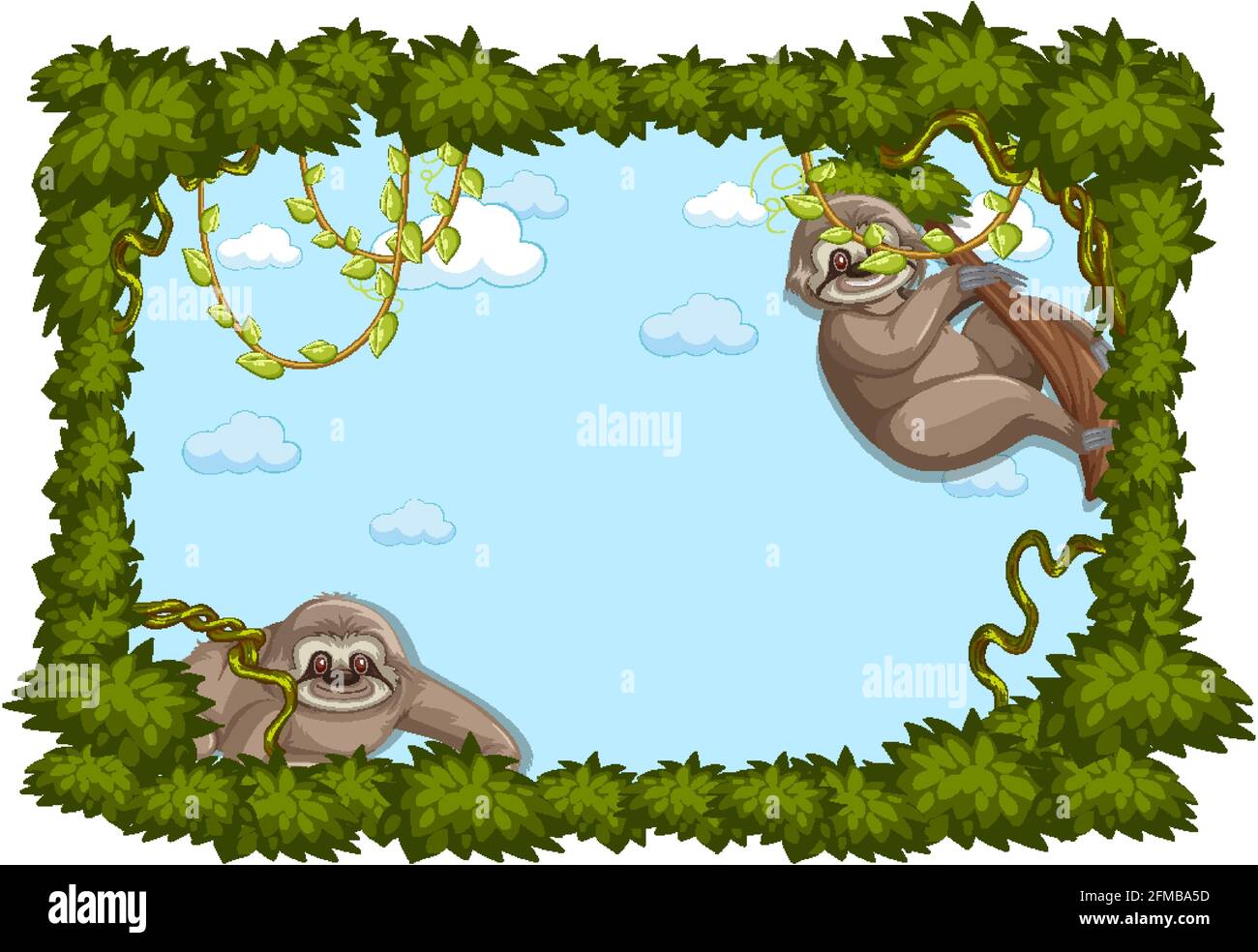 Empty banner with leaves frame and sloth cartoon character illustration ...