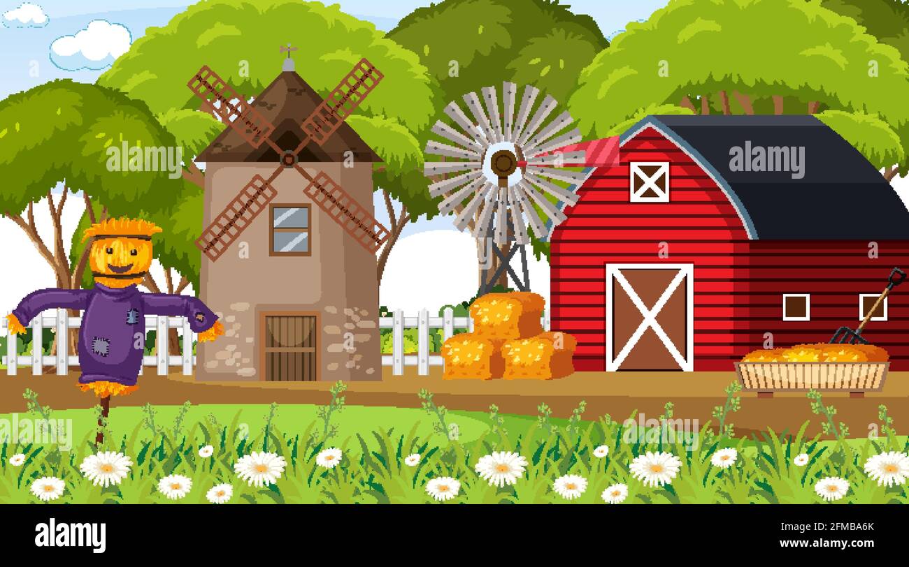 Empty farm scene with red barn and windmill illustration Stock Vector ...