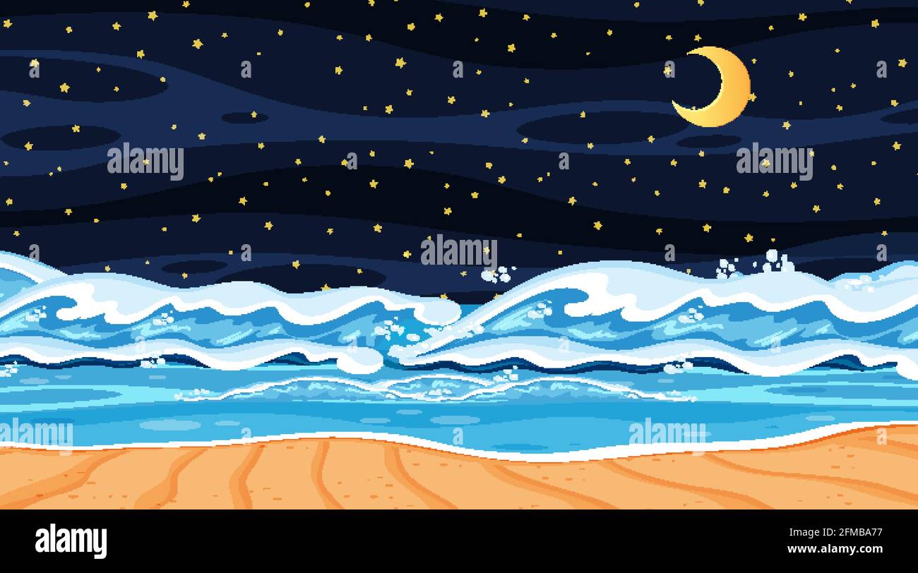Beach landscape at night scene with ocean wave illustration Stock ...