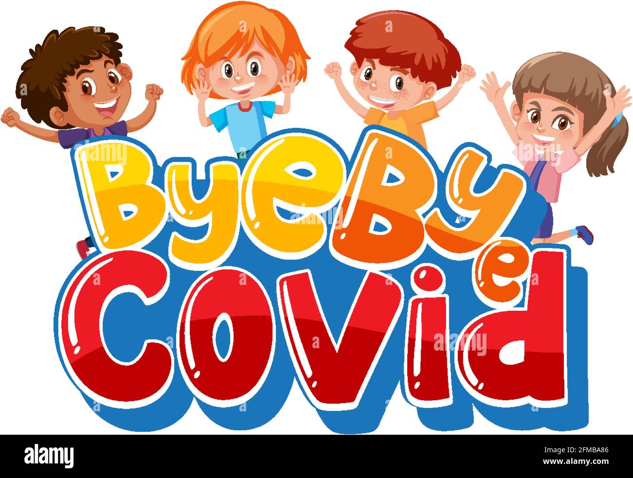 Bye Bye Covid font with many kids cartoon character illustration Stock ...