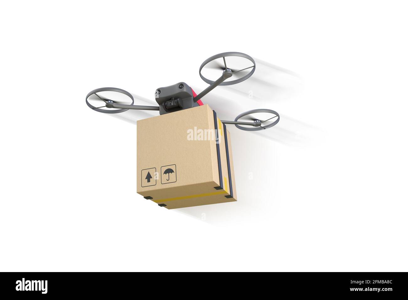 Drone flying with a cardboard box isolated on white background. Motion ...