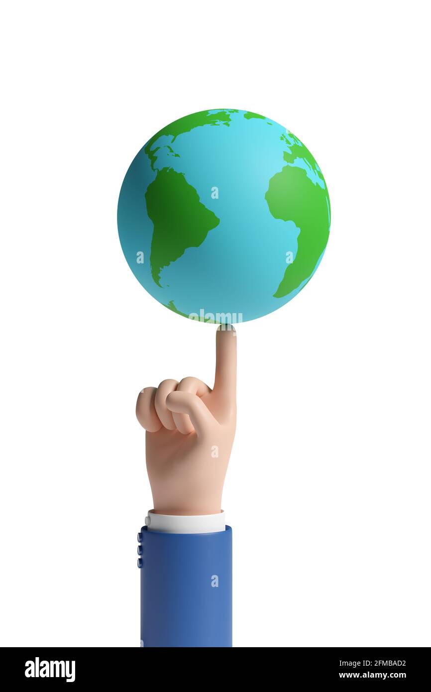 Cartoon hand holding on one finger the planet earth isolated in white ...