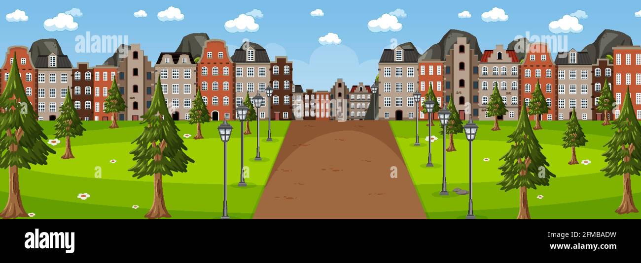 Horizontal scene at day time with long road through the park into the ...