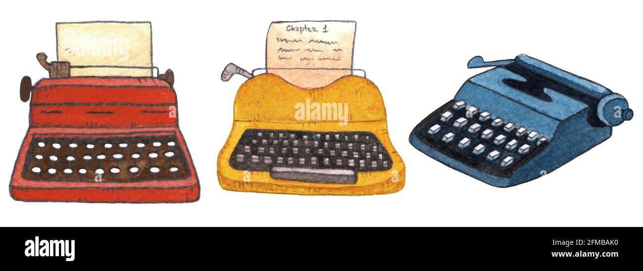 Watercolor hand drawn set of Typewriters isolated on white background Stock Photo - Alamy