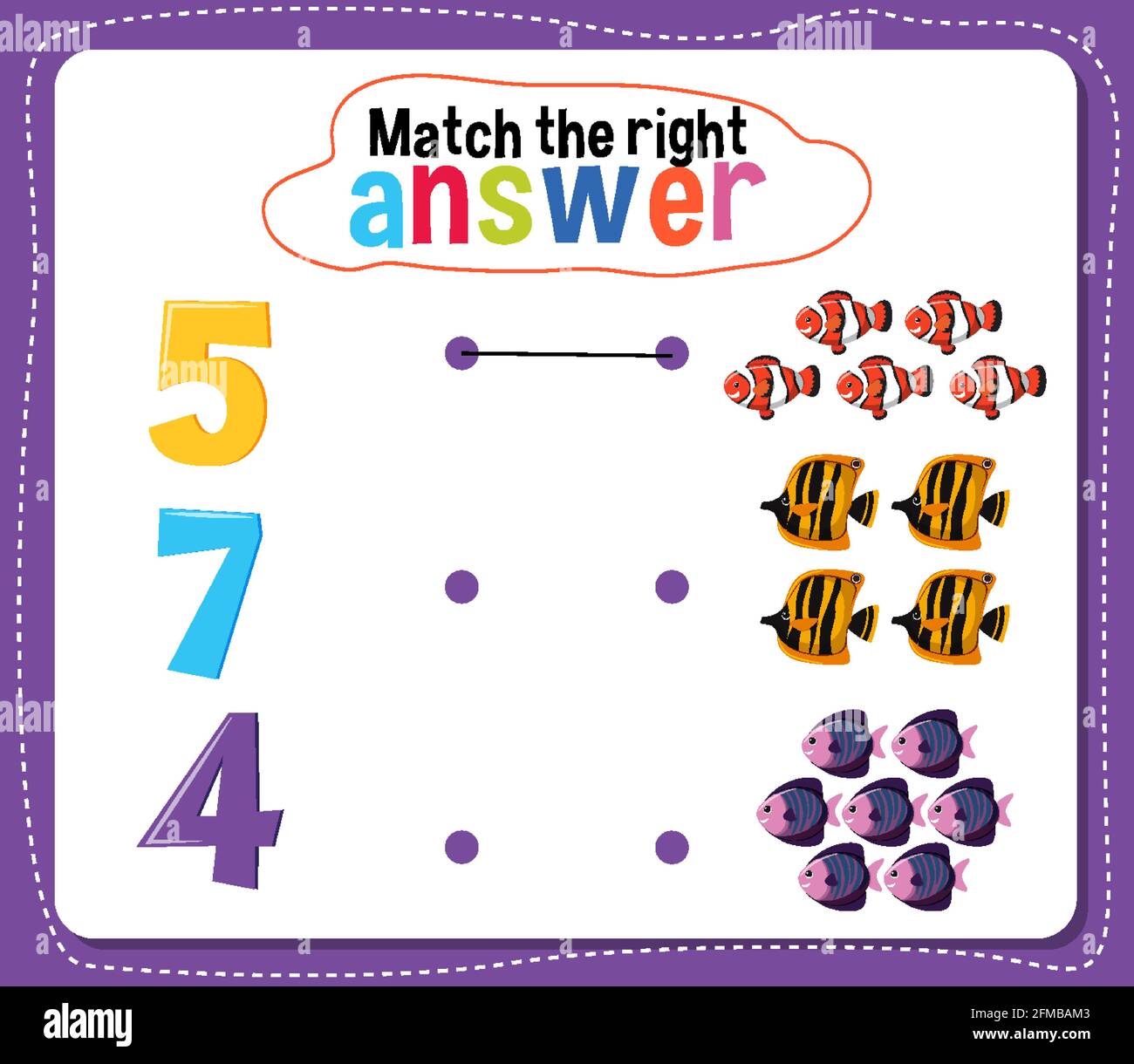 Match the right answer math worksheet for kids illustration Stock ...