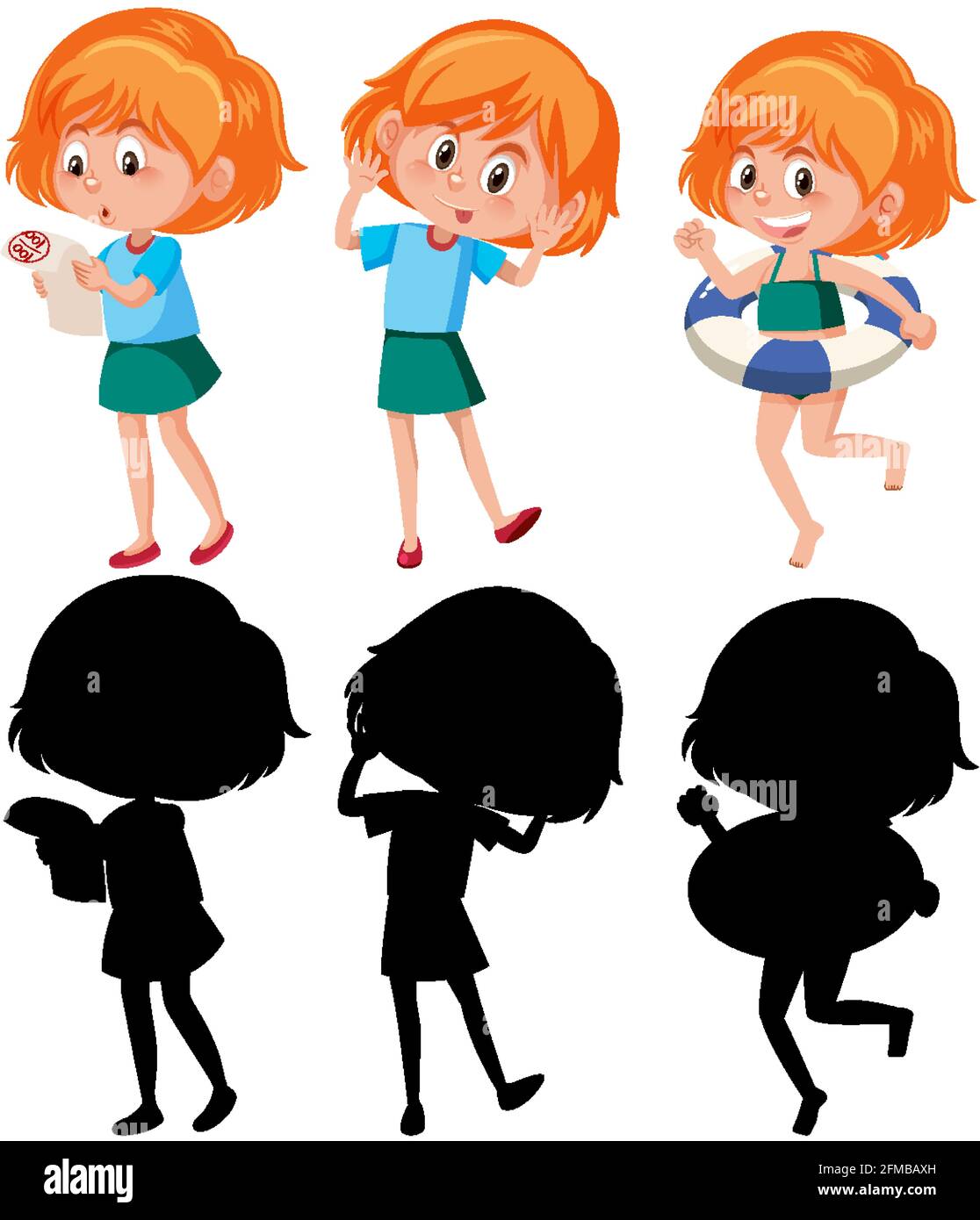 Set of a girl cartoon character in different positions with its ...