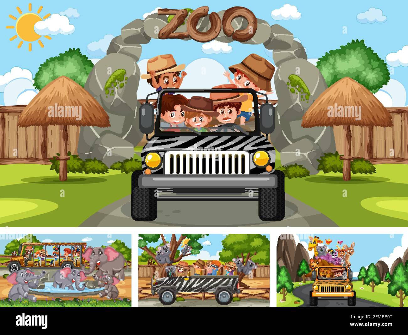 Four different zoo scenes with kids and animals illustration Stock ...