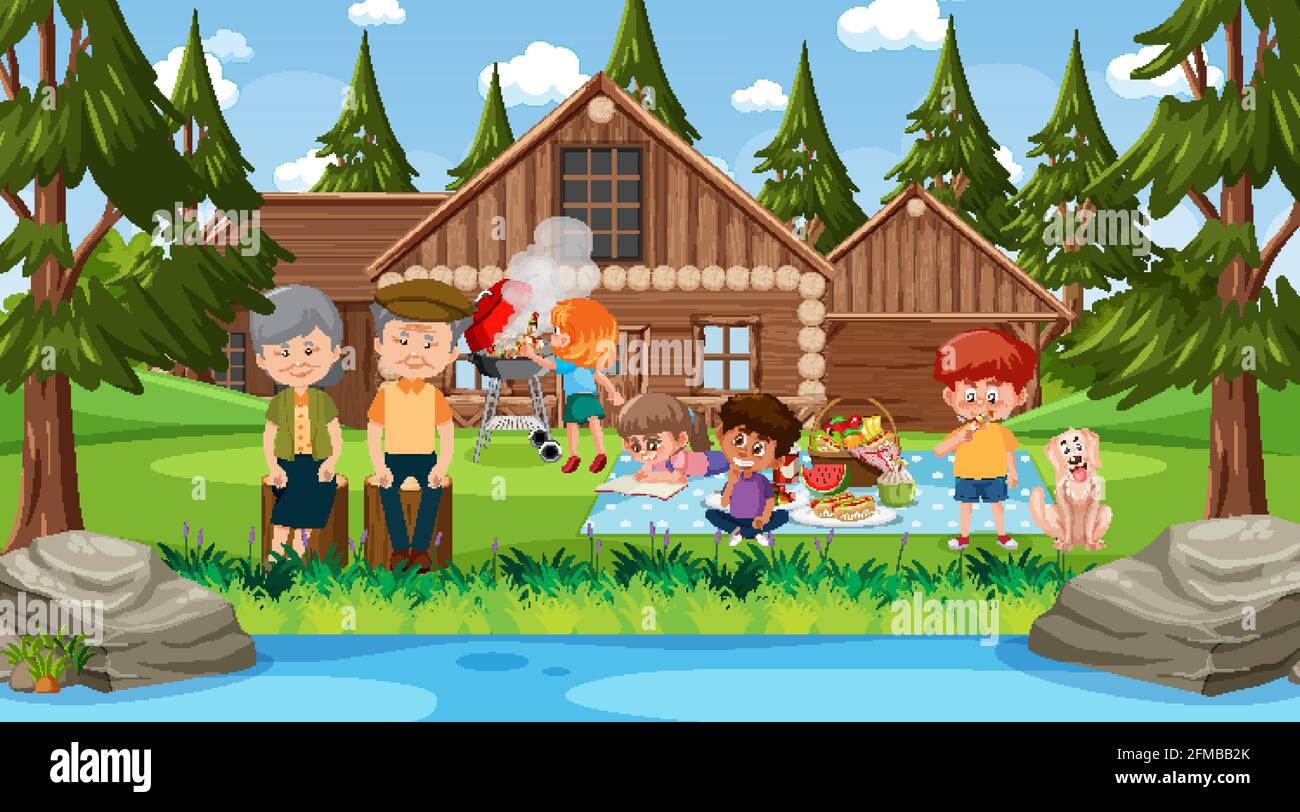 Nature outdoor scene with happy family having a picnic illustration ...