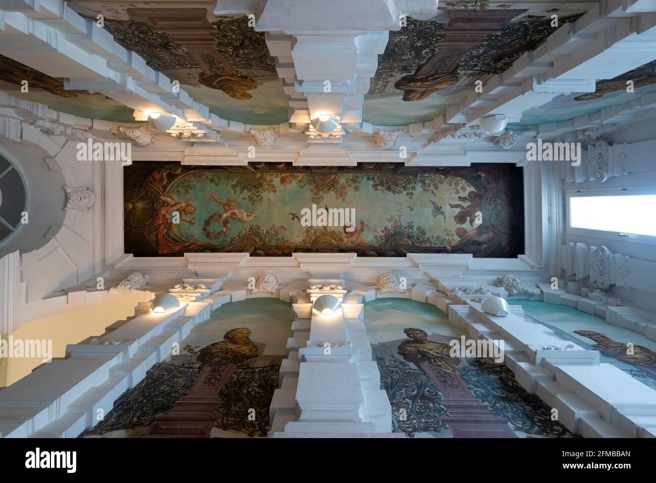 Germany, Saxony-Anhalt, Magdeburg, magnificent staircase with ceiling ...