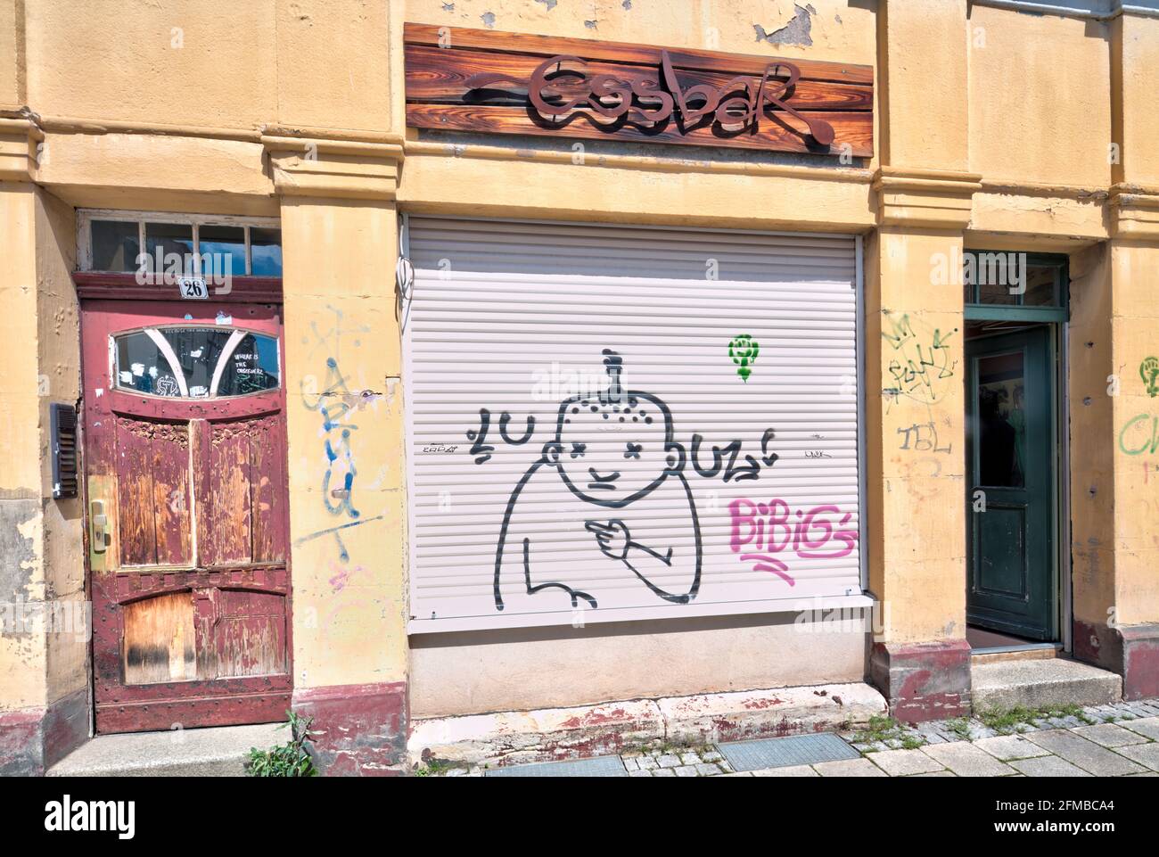 House facade, graffiti, front door, house entrance, window, old town ...