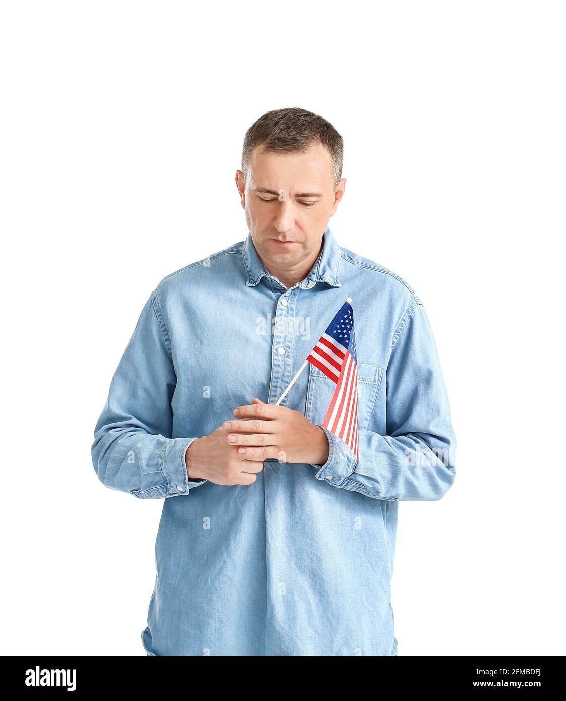 Sad man with USA flag on white background. Memorial Day celebration ...