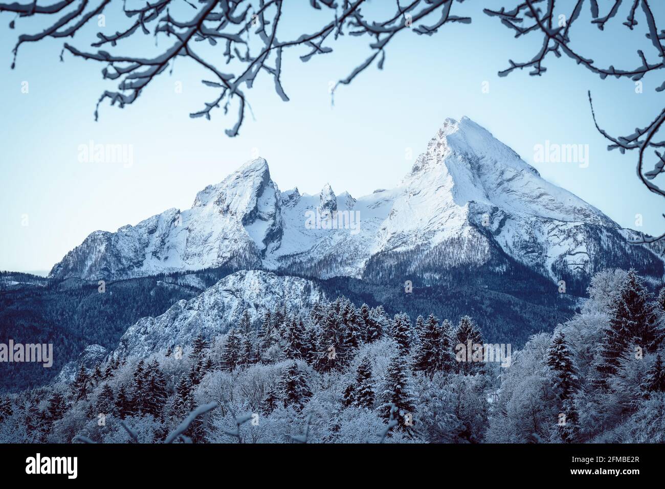 The view of the Watzmann in Berchtesgadener Land in Bavaria in winter ...
