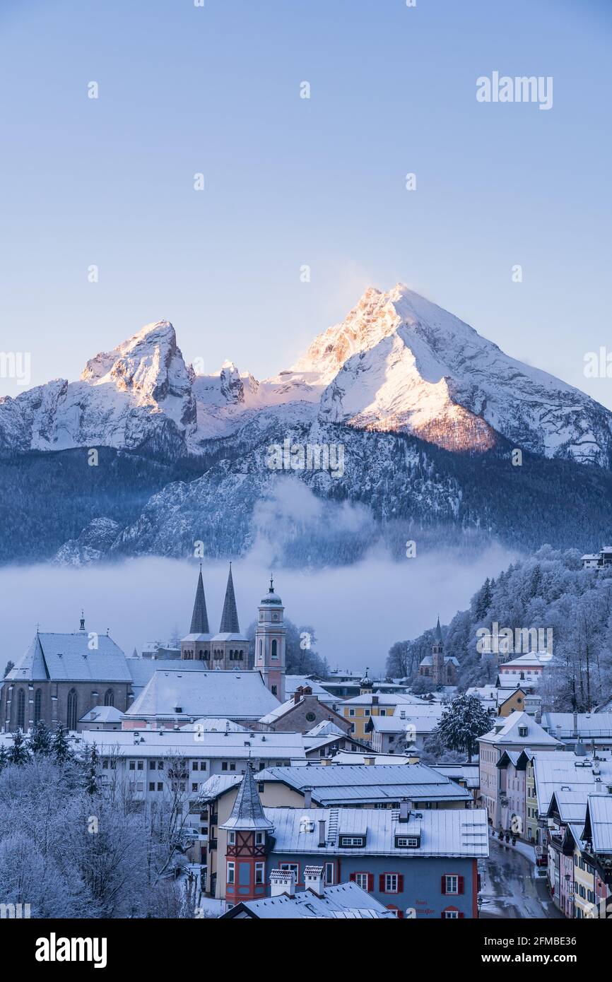 The view of the Watzmann with Berchtesgaden in the light of the rising ...