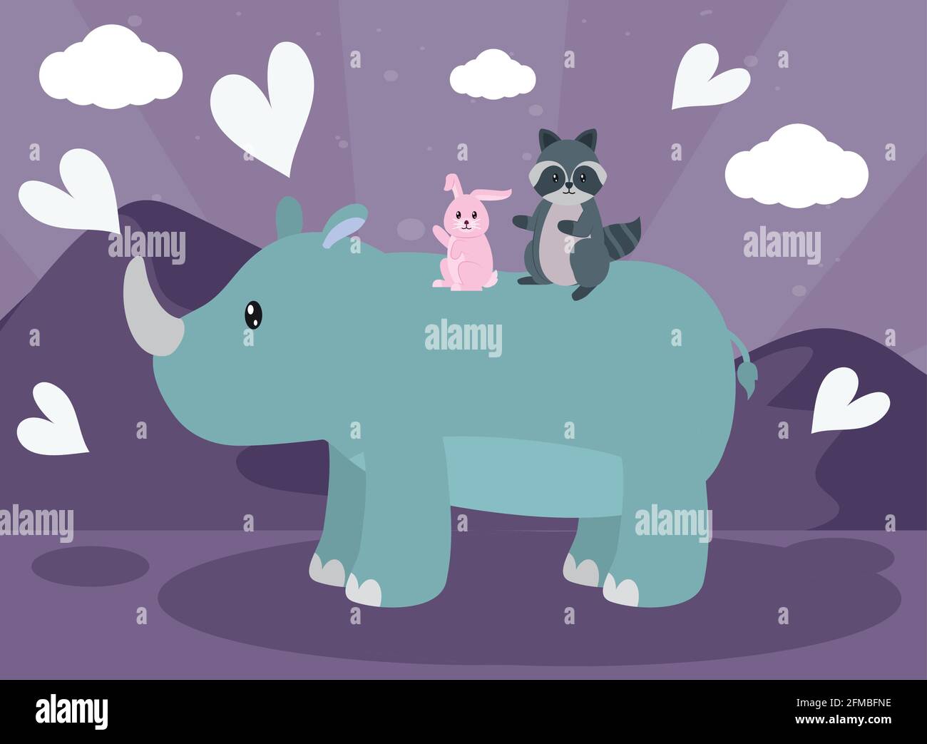 Cute rabbit and raccoon on rhino cartoon on purple background Stock ...