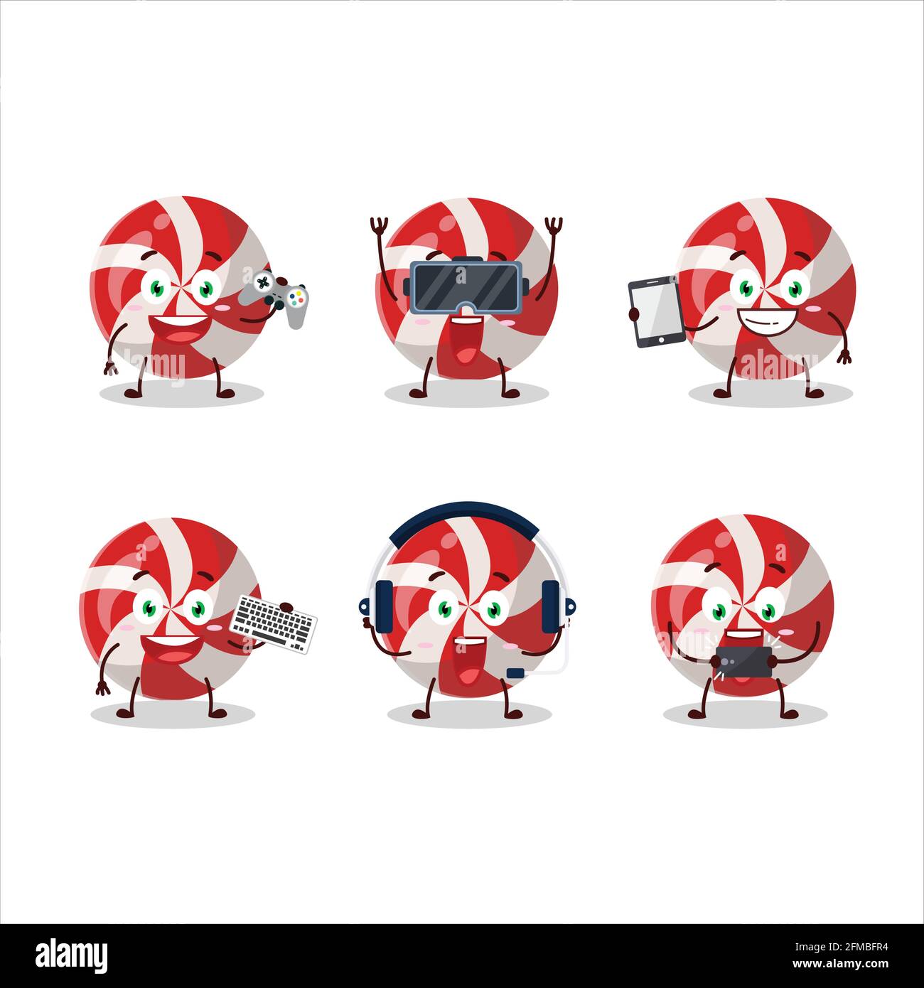 Red candy cartoon character are playing games with various cute ...