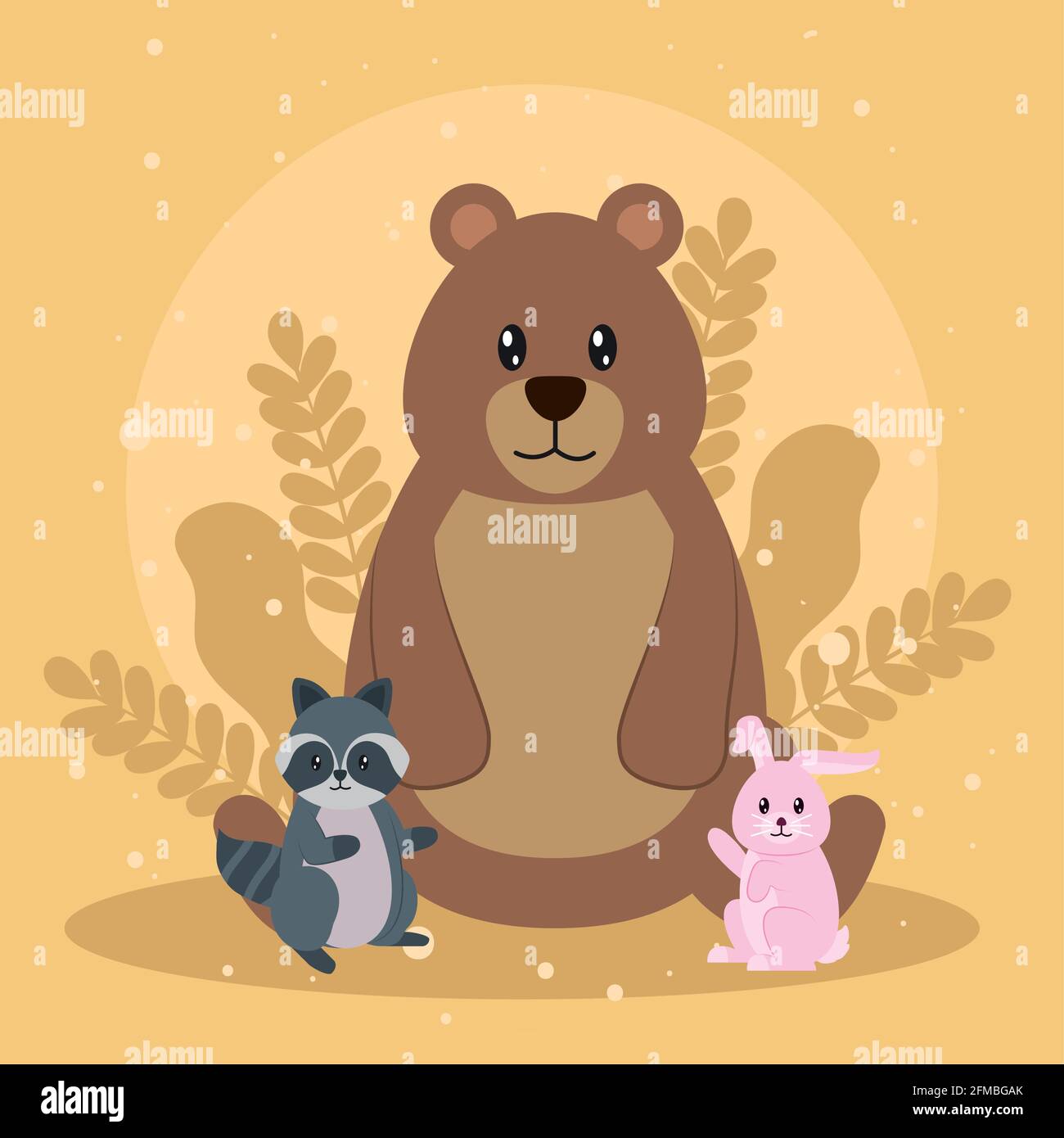 Cute bear raccoon and rabbit on orange background Stock Vector Image ...