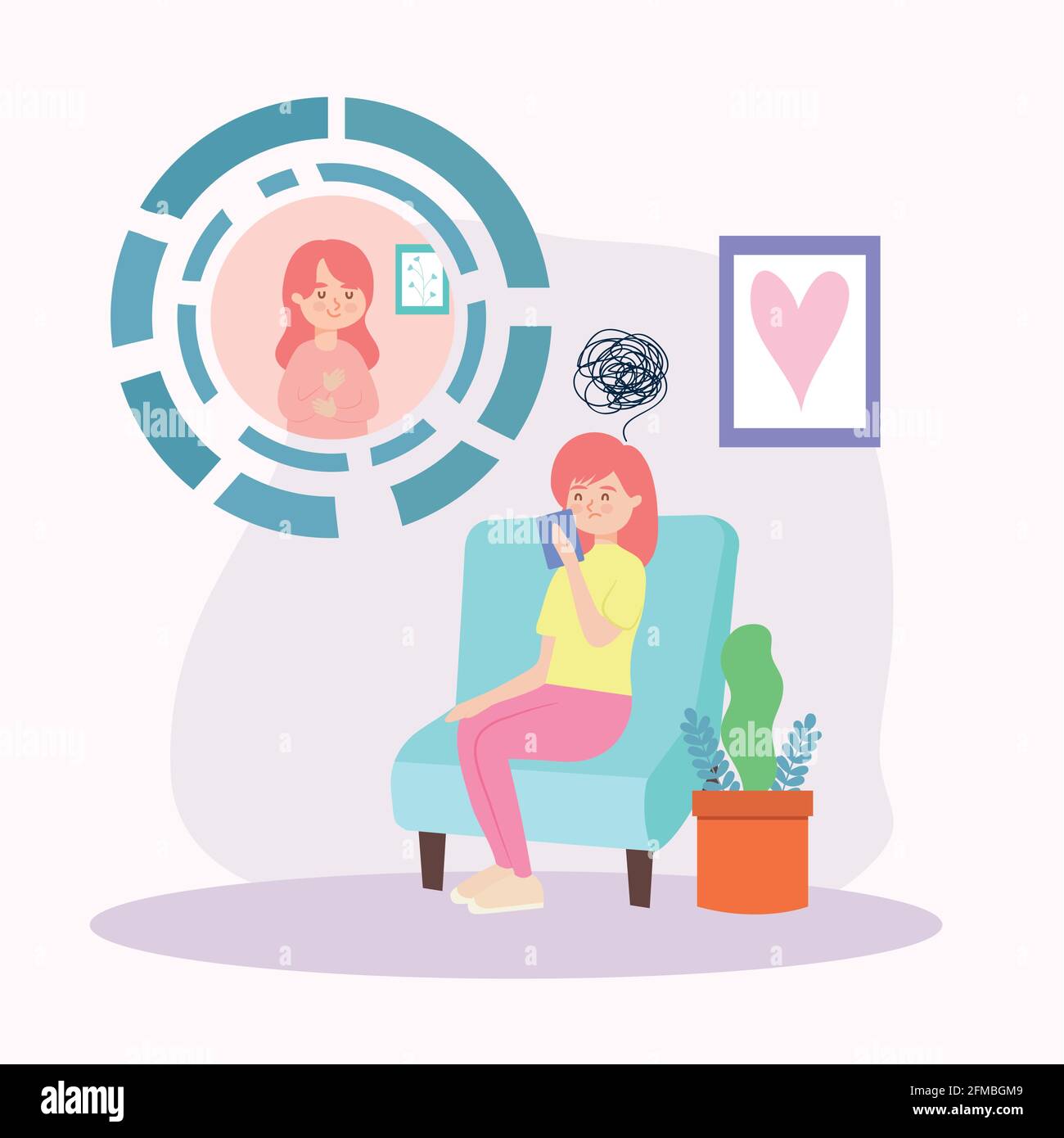 Girl on chair with smartphone of virtual therapy Stock Vector Image ...