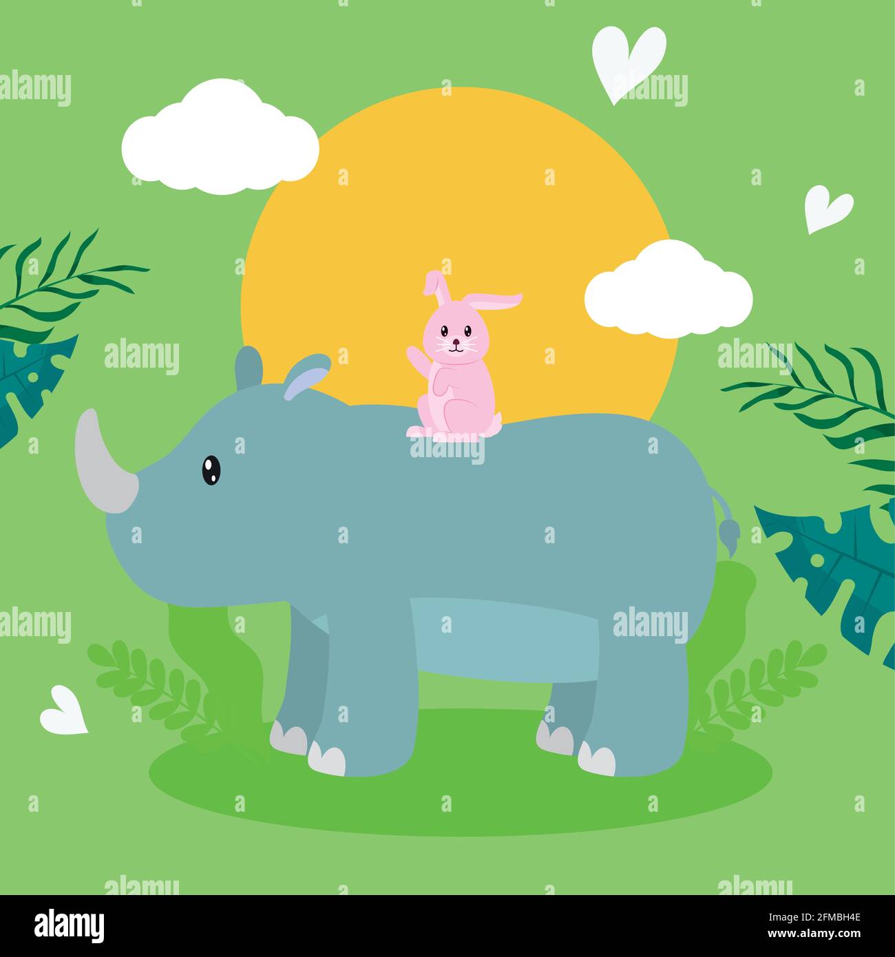 Cute rabbit on rhino cartoon on green background Stock Vector Image ...